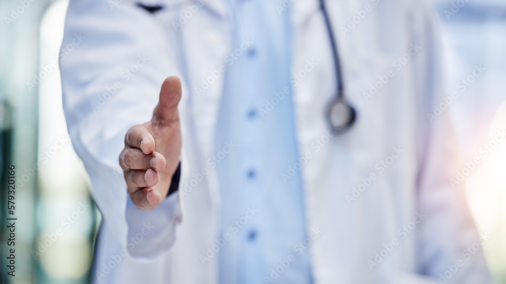 Doctor, handshake and greeting hand gesture to welcome, onboarding and ...