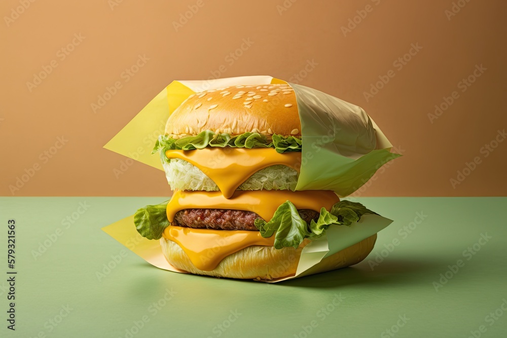 Minimalist homemade double burger set against a green background ...