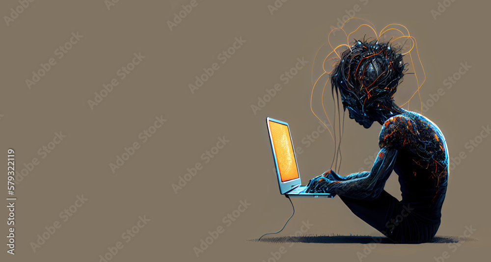Side view of unrecognizable cyborg person addicted to internet and ...