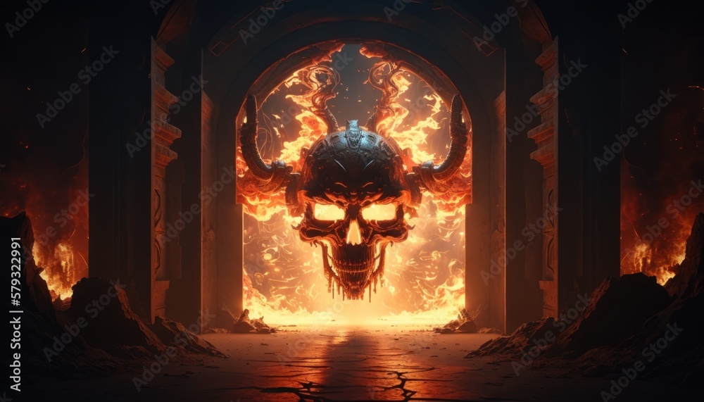 Fiery Skull Gateway: A demonic skull blazes with infernal fire, casting ...