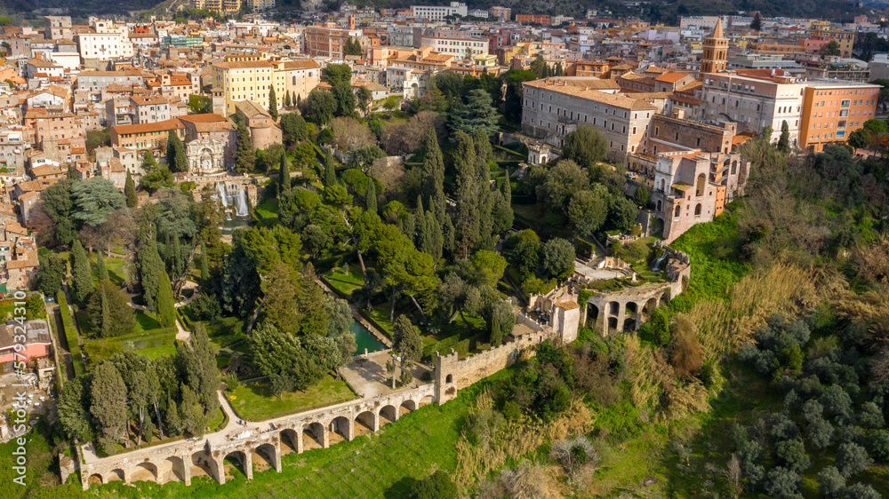 Aerial view of the Villa d'Este in Tivoli, near Rome, Italy. It is an ...