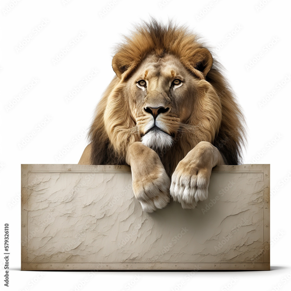 Beautiful young wild lion with paws over empty blank sign with copy ...