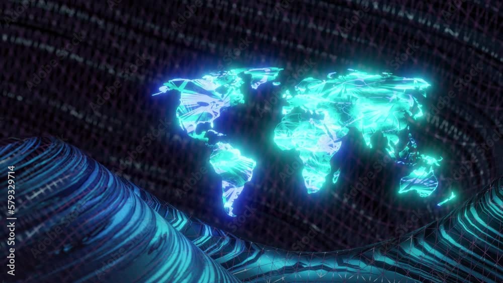 Glowing blue world map with wavy dark background, motion graphics Stock ...