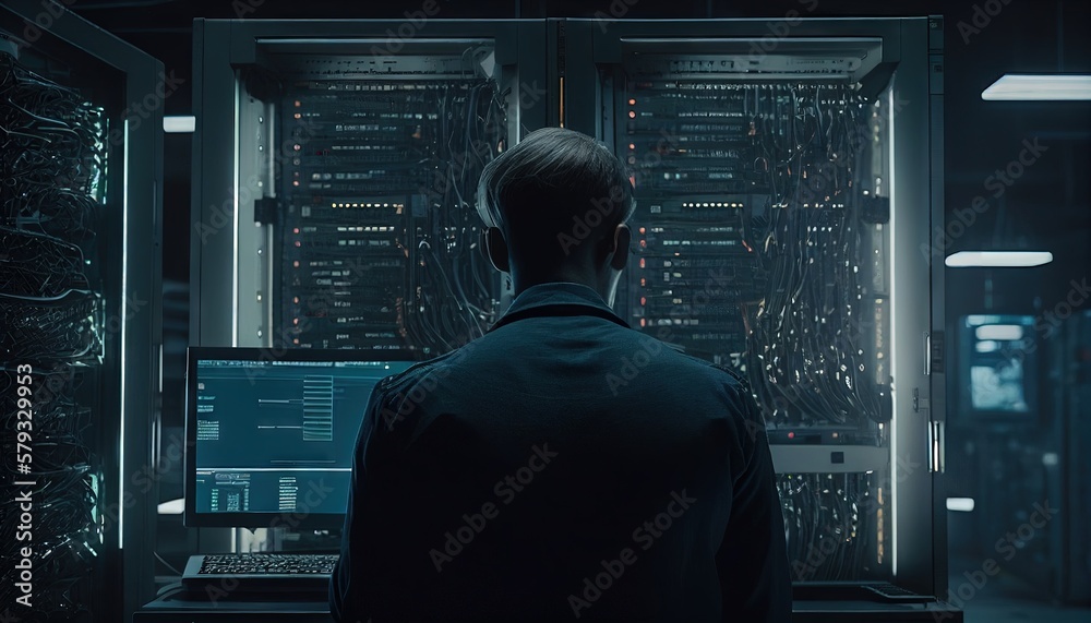 Computer Engineer at Work in Server Room with Big Data Storage and ...