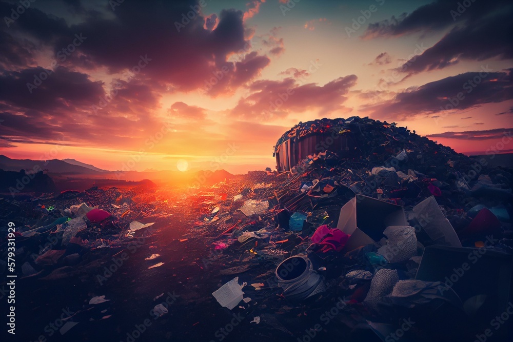 A landfill overflowing with trash and waste, with a sunset in the ...