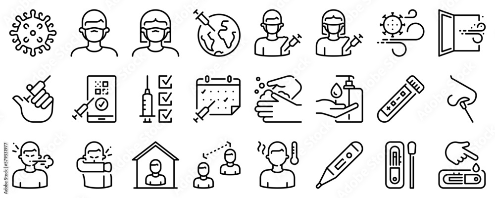 Line icons about covid-19 on transparent background with editable ...