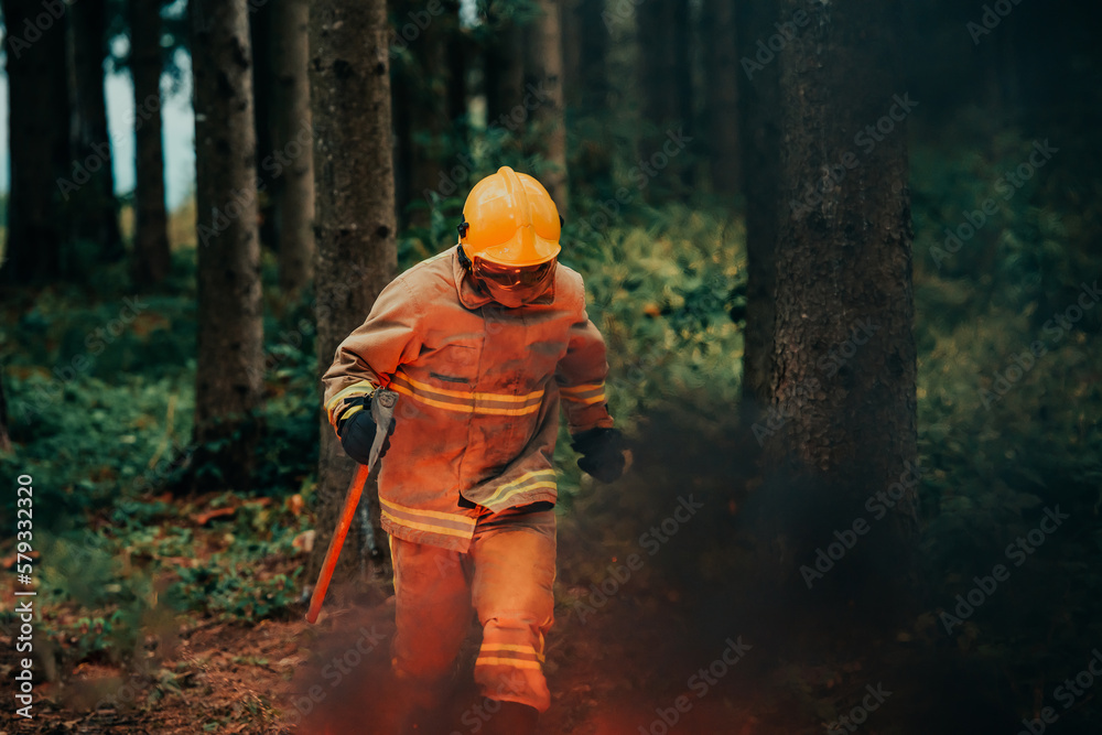 firefighter hero in action danger jumping over fire flame to rescue and ...
