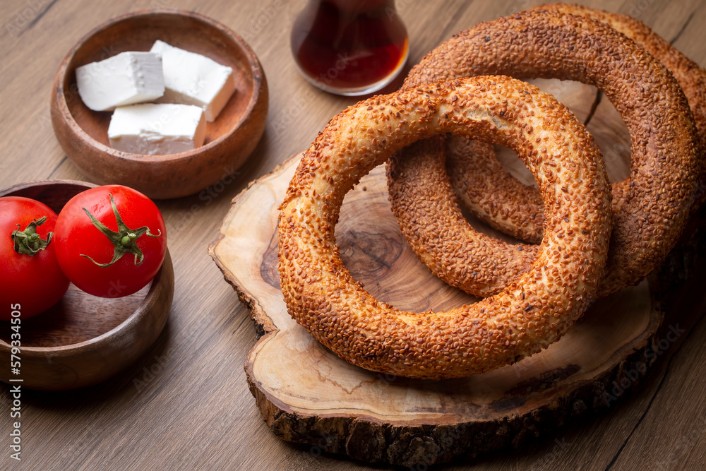 Turkish fast food bagel called Simit. Turkish bagel Simit with sesame ...
