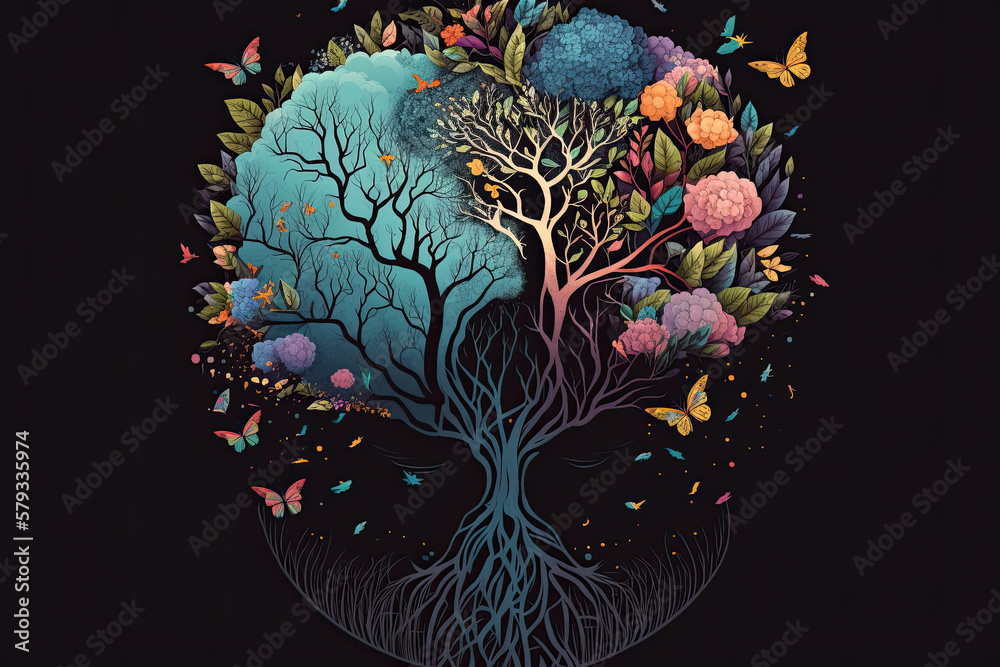 Human brain tree with flowers, self care and mental health concept ...