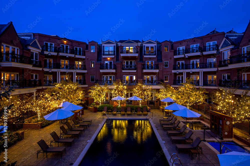 Beautiful pool in The Aspen resort illuminated at night in Aspen ...