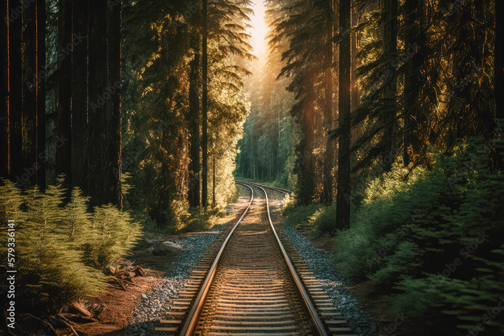 Forest trees along a railroad on an summer sunset. Train tracks travel ...