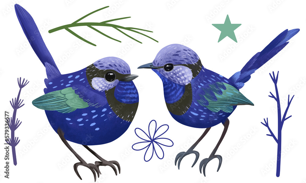 Blue birds illustration. Cute bird cartoon style, hand drawn children illustration, animal ...