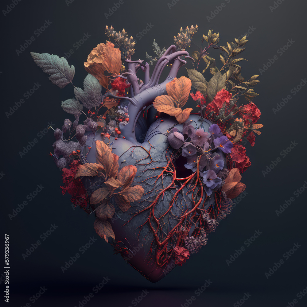 Human heart with flowers. Creative concept art. Generative AI Stock ...