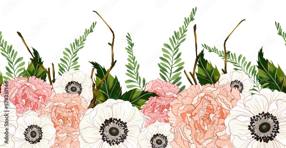 Horizontal Seamless pattern template l Flowers Bouquet, botanical ...