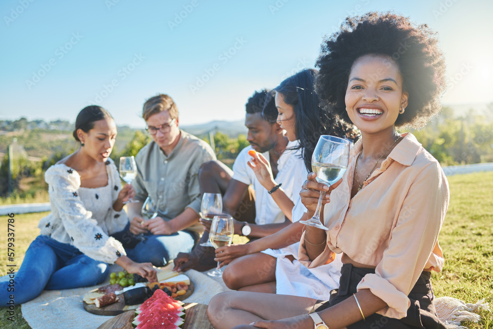 Portrait, black woman and friends with picnic, celebration and summer ...