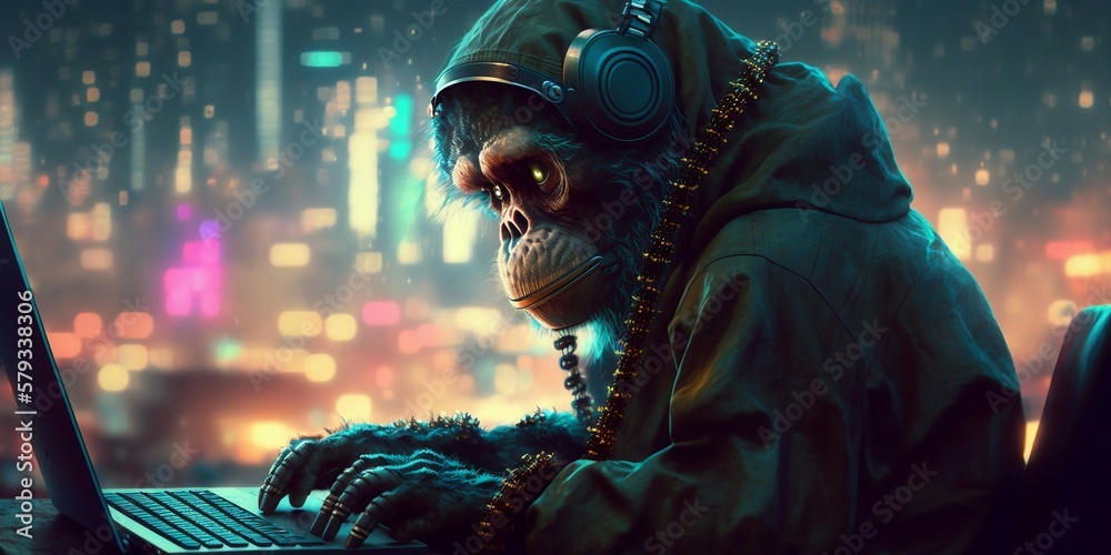 Cyberpunk monkey hacking a PC in a cyberpunk city , generative AI Stock ...
