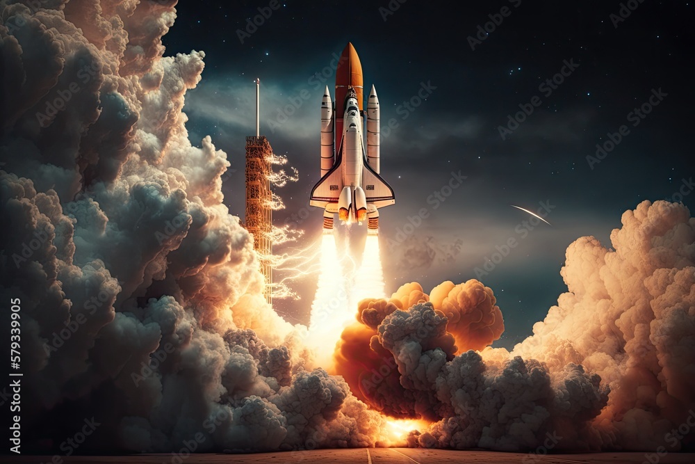 A brand new space shuttle rocket lifts off into the night sky, complete ...