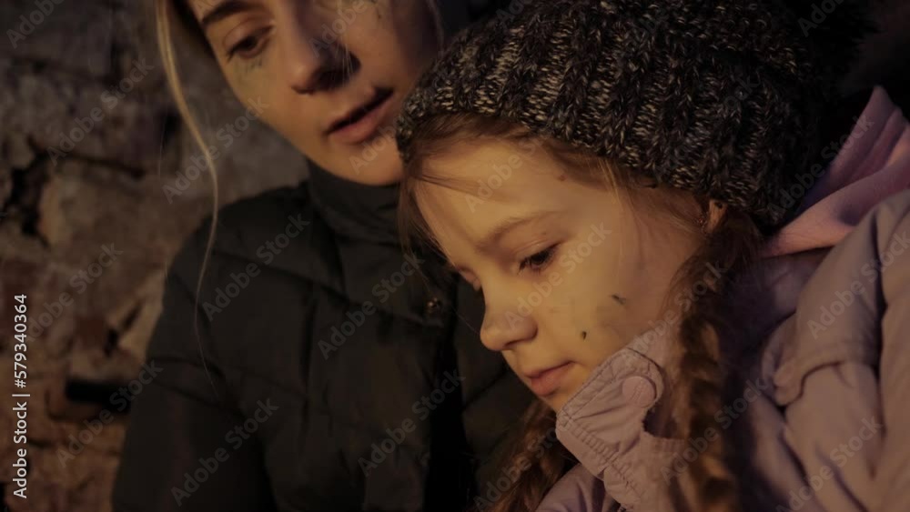 Ukraine war. Shelter. Bunker, Ukrainian mother and child in the ...