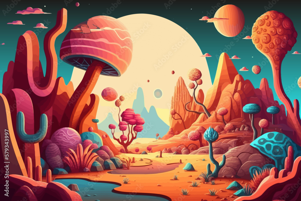 colorful unknown planet. Vector,flat, Fantasy, stylish, aliens, galaxy ...