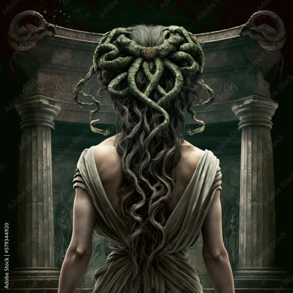 Back view of medusa greek mythology. Generative AI. Stock Illustration ...