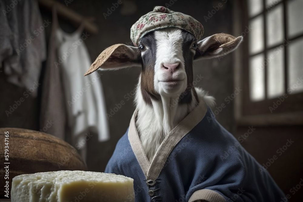 Goat dressed as a farmer advertises goat cheese, concept of Animal ...