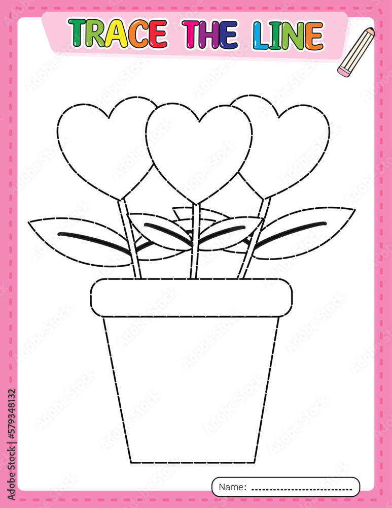 Heart flower in a pot. Valentine's day. Tracing line worksheet for kids ...