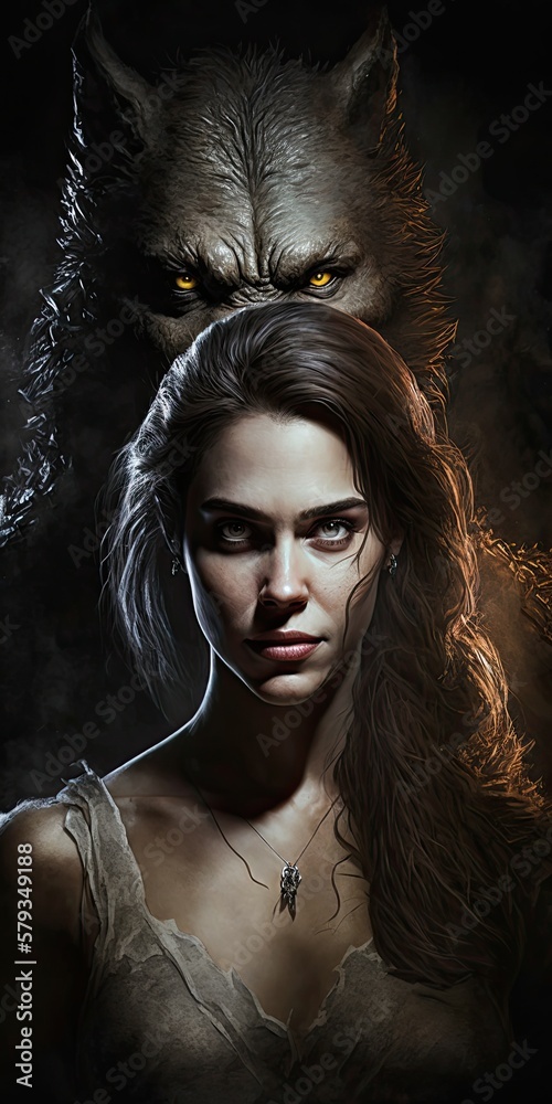 Movie poster of a werewolf standing behind a young and beautiful woman ...