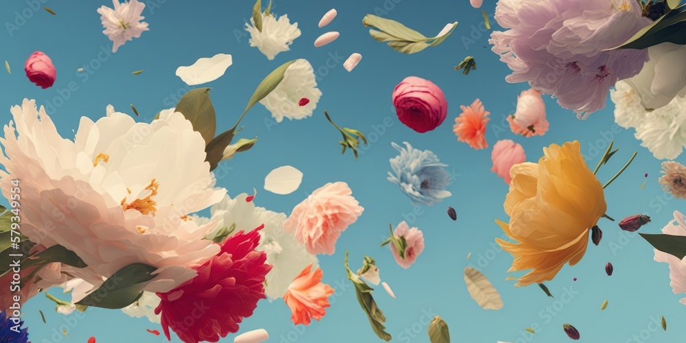 Spring abstract background of fresh colorful meadow flowers in the air ...