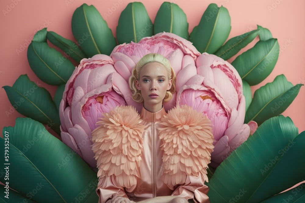 A beautiful young pretty girl in fresh flowers, the princess of Spring ...