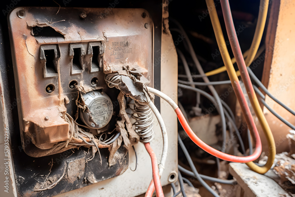 Burning switchboard from overload or short circuit on wall. Circuit ...