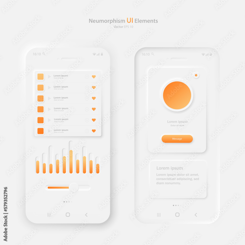 A set of smartphone screens in the style of neumorphism on a white ...