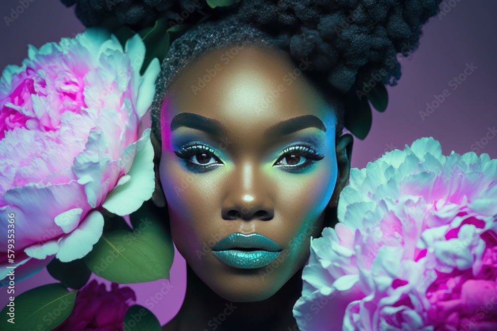 Love, beautiful woman portrait in purple vivid, fresh, Spring, flowers ...