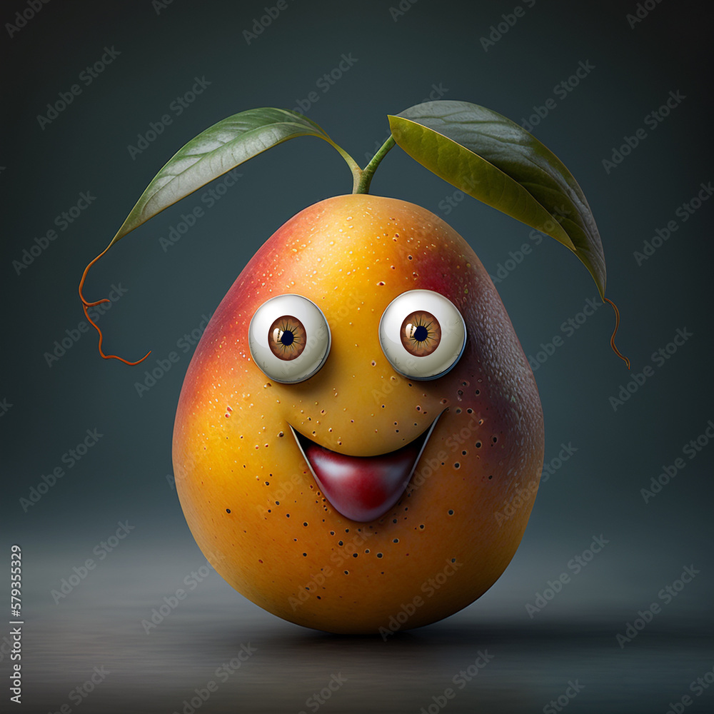Delighted mango character with leaves, perfect for creative fruit ...