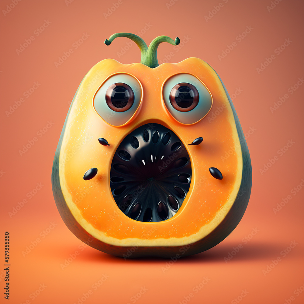 Amazed papaya character with a shocked face, designed for unique fruit ...