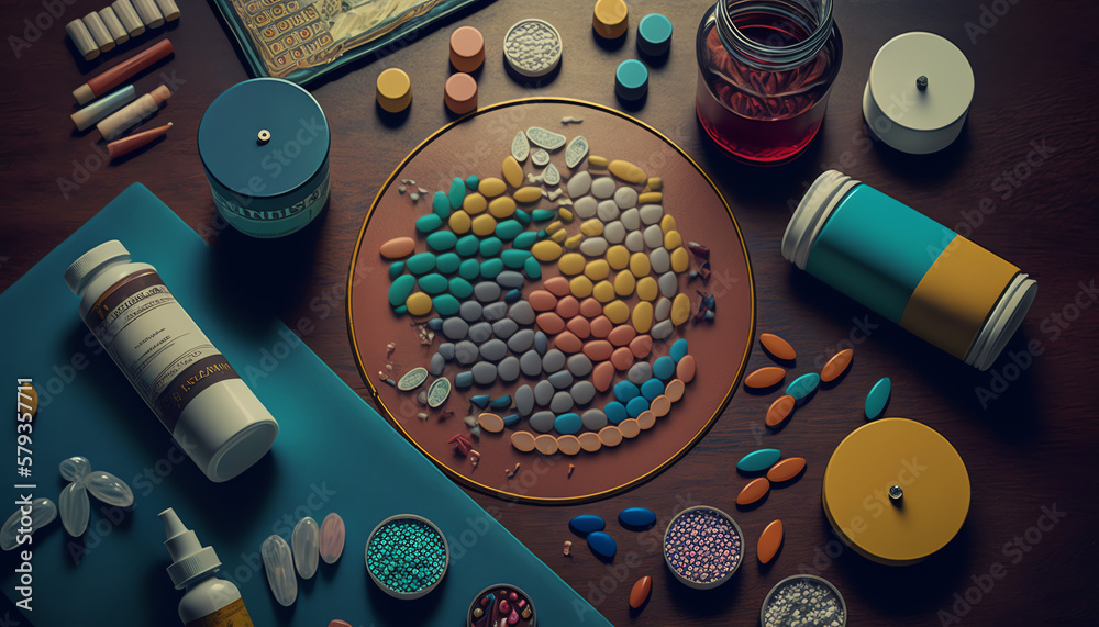 The image shows an aerial view of medications on a table, with vials ...