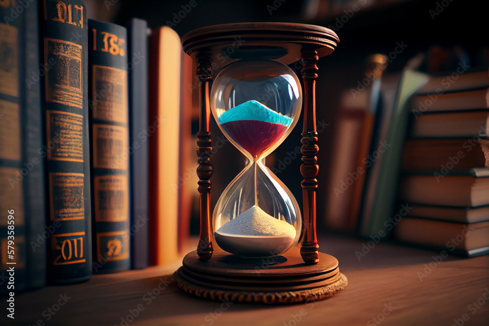 Hourglass with Glowing Sand on a stack of books on a table in a library ...