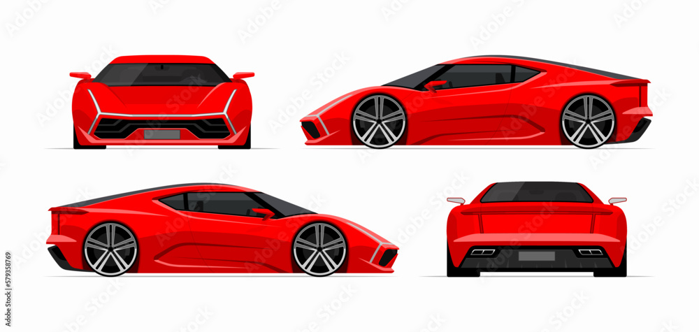 Sports car set in flat style. Front, back, side view of the supercar ...