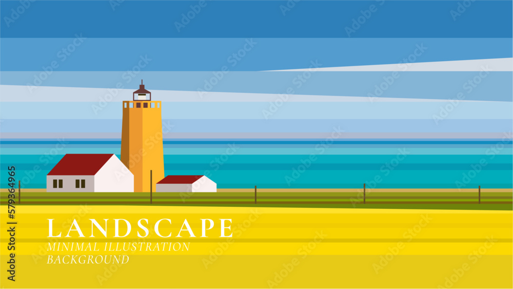 House and lighthouse in the middle of the flower field minimal ...