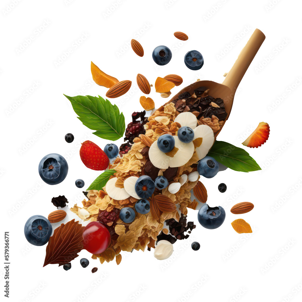 Granola grains with mixed fruit for ads banner,packaging. Transparent ...
