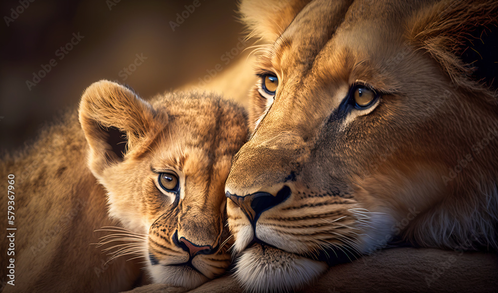 Proud male aftican lion is cuddled by his cub during an affectionate ...