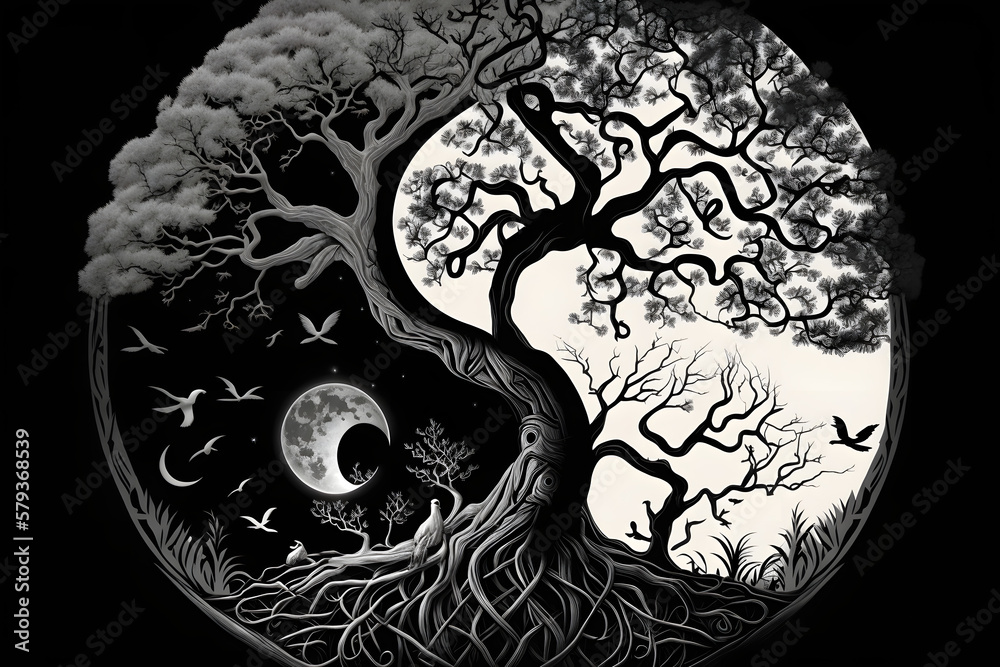 Yin yang concept of balance Yggdrasil tree of life norse mythology ...