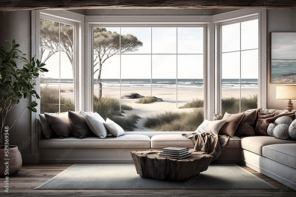 Beach living on Sea view interior with big windows. Neural network AI ...