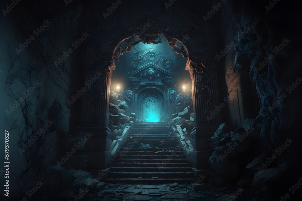 gothic stone steps leading down into a dark basement horror hyper ...