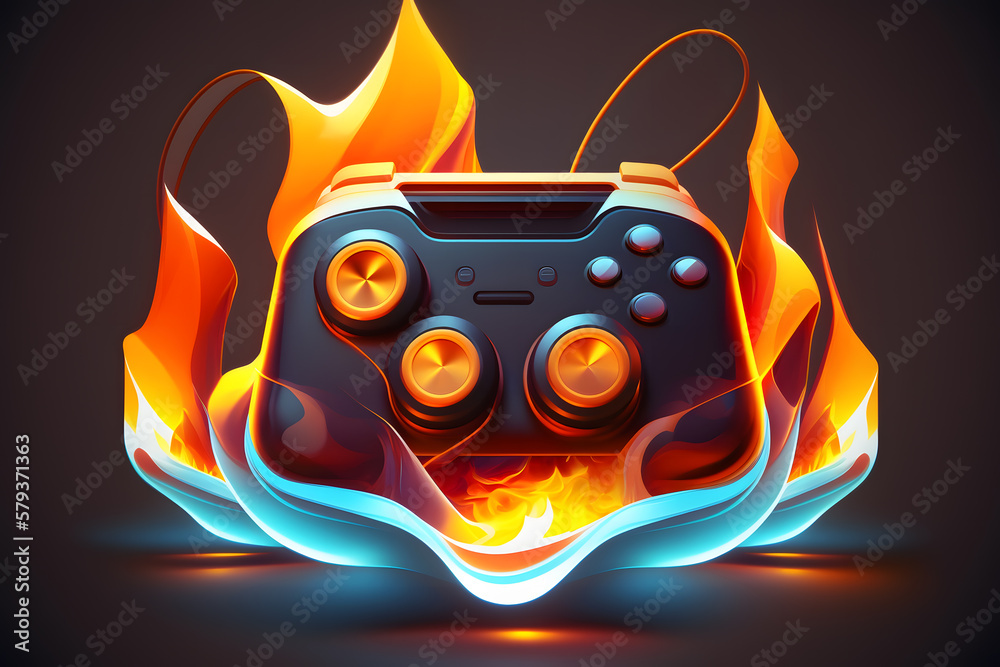 gaming controller with fire, cartoon style. Neural network AI generated ...