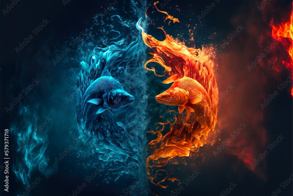 Collision of fire fish and water fish, fire and water collision concept ...