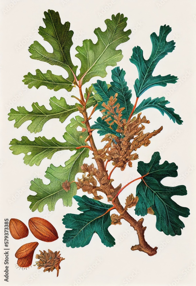 Oak Twig Botanical Illustration, Quercus Plant Drawing Imitation ...