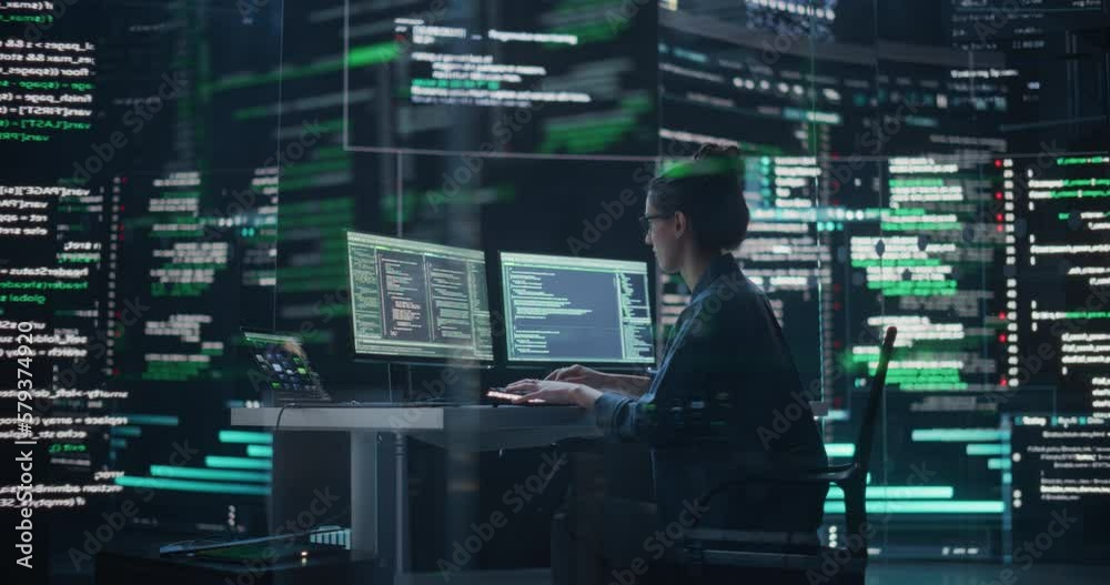 Female Developer Happily Resting After Successfully Typing on Computer ...