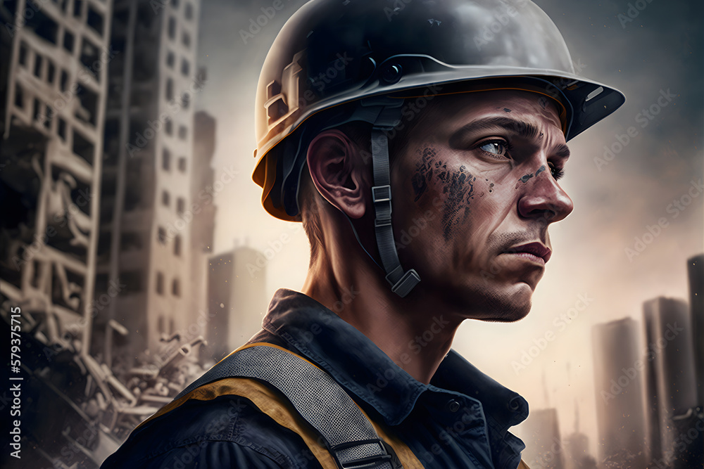 Young construction worker portrait with safety helmet on a construction ...