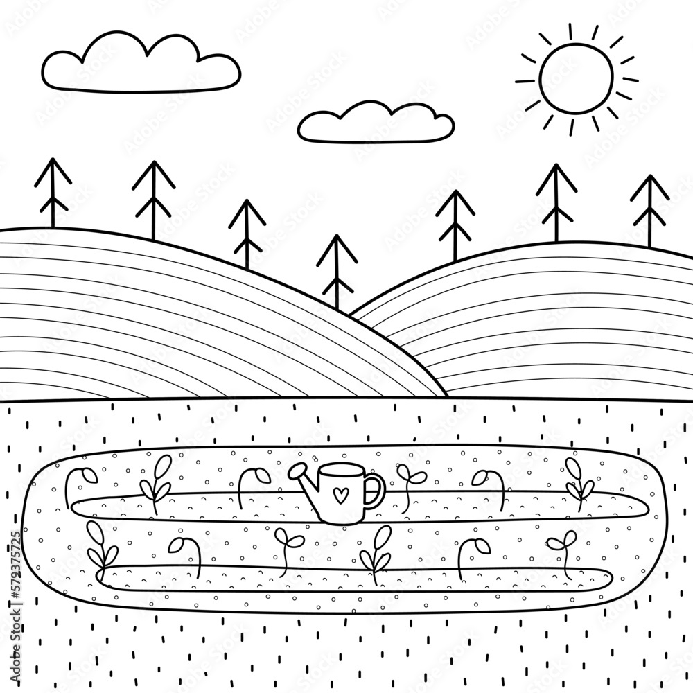 Black and white field landscape with a garden bed in cartoon style ...