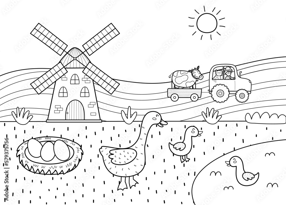 On the farm black and white poster with a cute goose and her baby ...